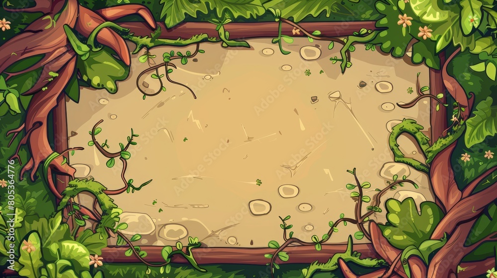 This is a cartoon game UI design collection with lush liana vines, dry ...