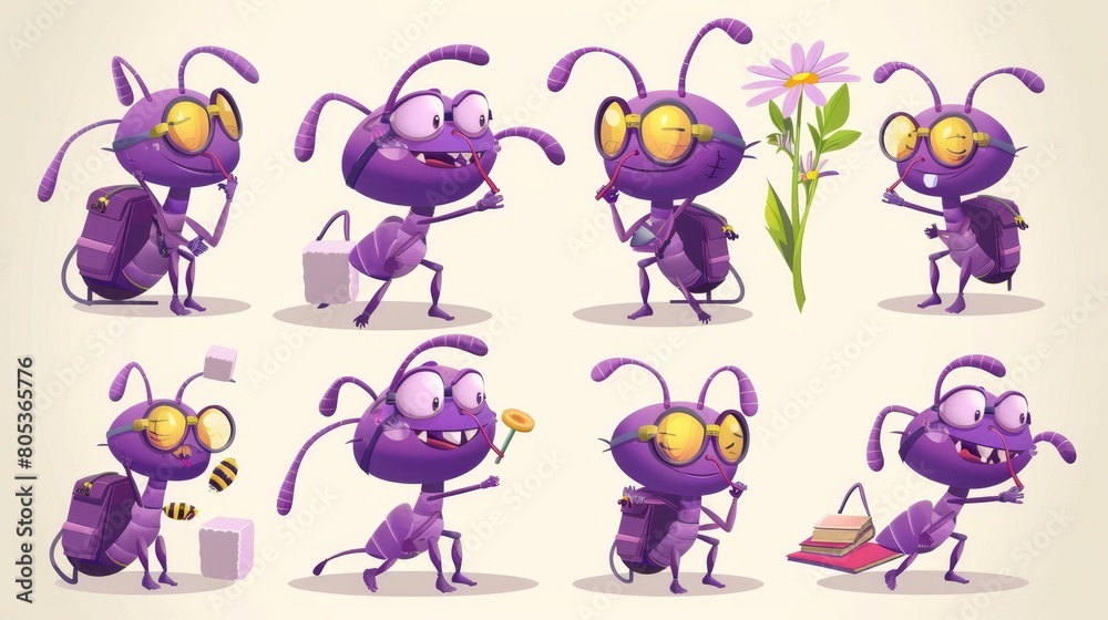 Various poses of purple ant cartoon character. Comic modern set of ...
