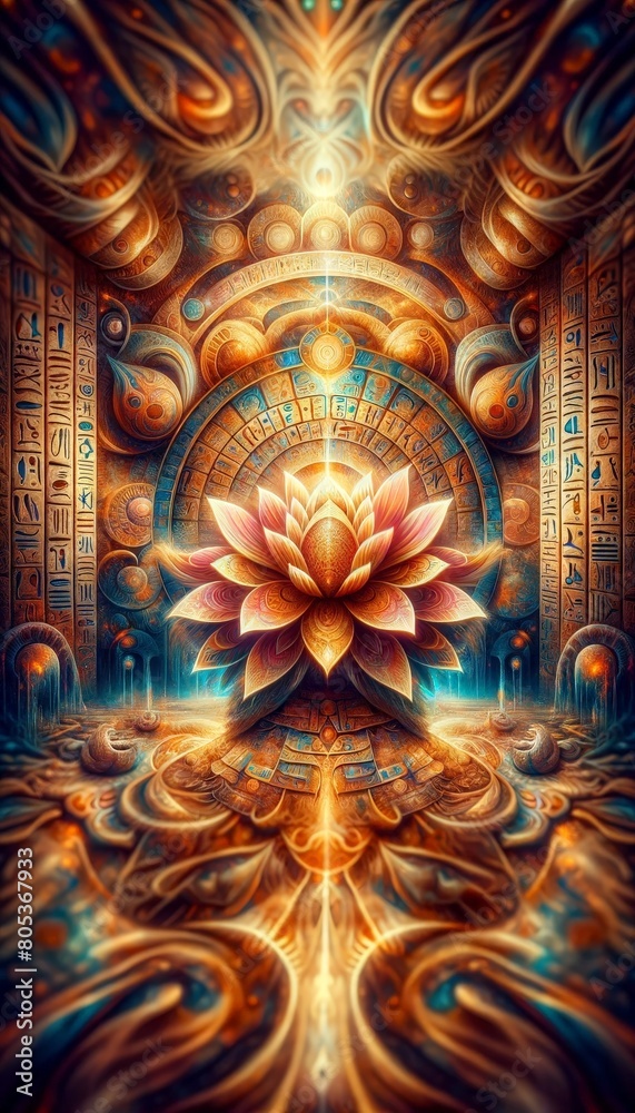 A digital artwork depicting a glowing lotus flower within an ornate ...
