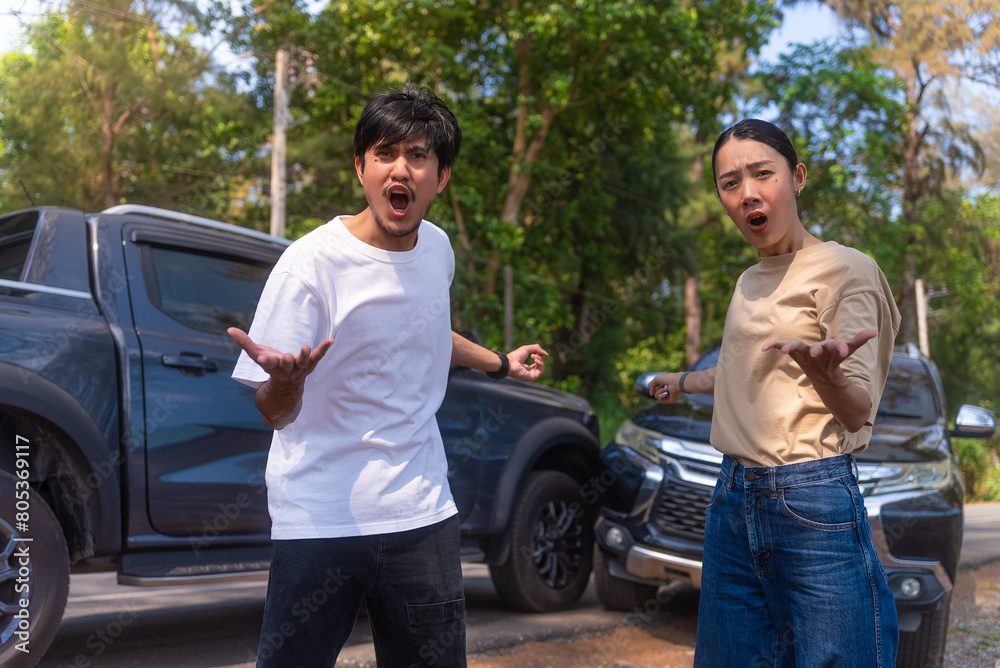 Car insurance concept. Two Drivers Arguing After car hit from behind ...