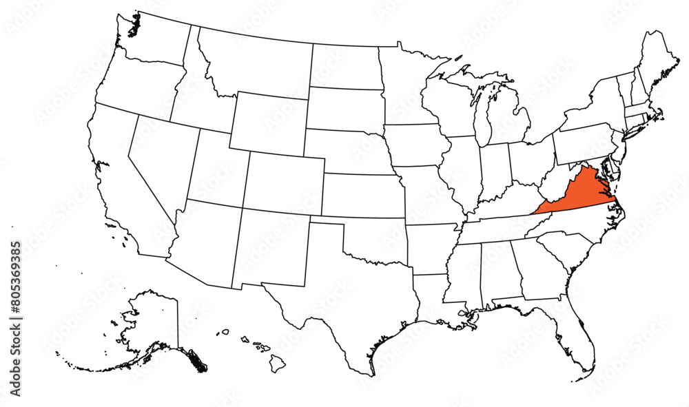 The outline of the US map with state borders. The US state of Virginia ...
