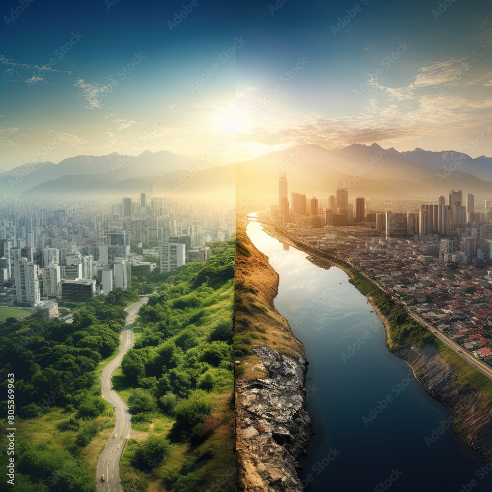 Show me the landscape of the future, half nature and half city. Stock ...