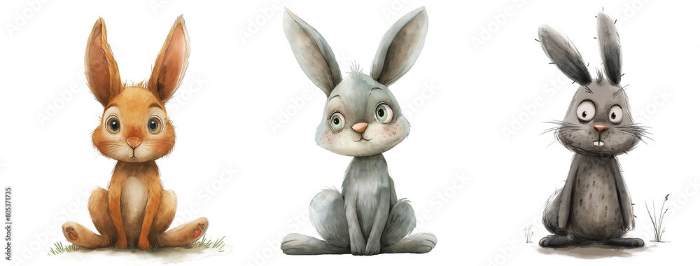 Three adorable cartoon rabbits with different expressions sitting side ...