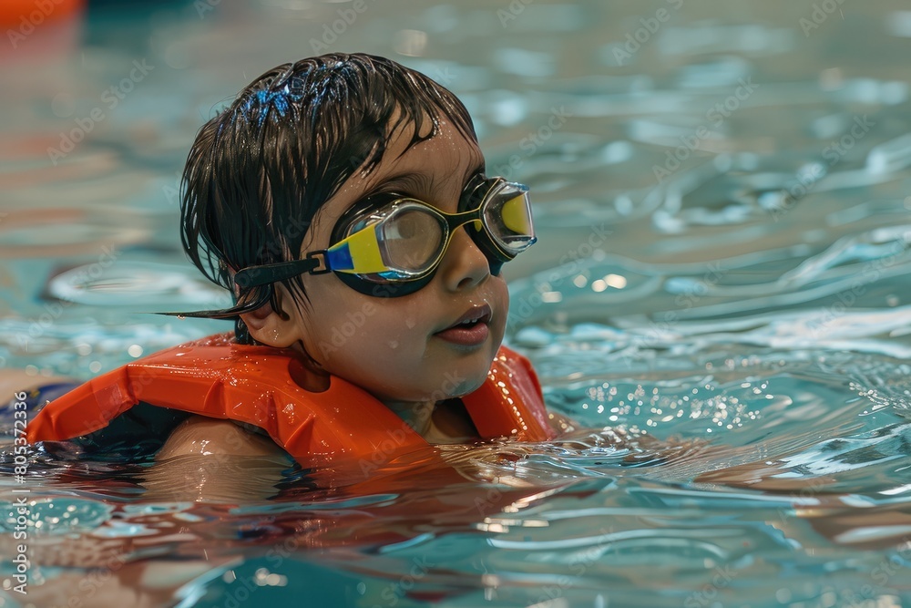 Preschooler practicing swimming strokes in a shallow pool, equipped ...