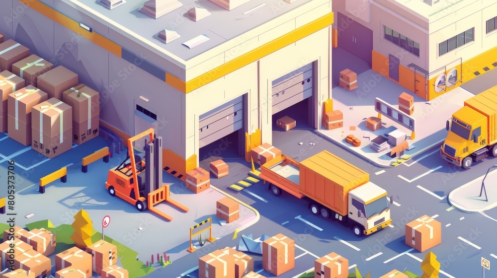 This modern banner depicts a warehouse, a truck, a forklift and ...