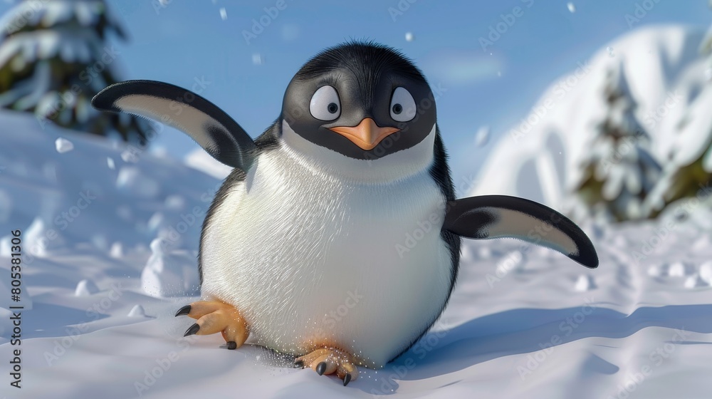 Whimsical 3D depiction of an overweight penguin sliding down a snowy ...