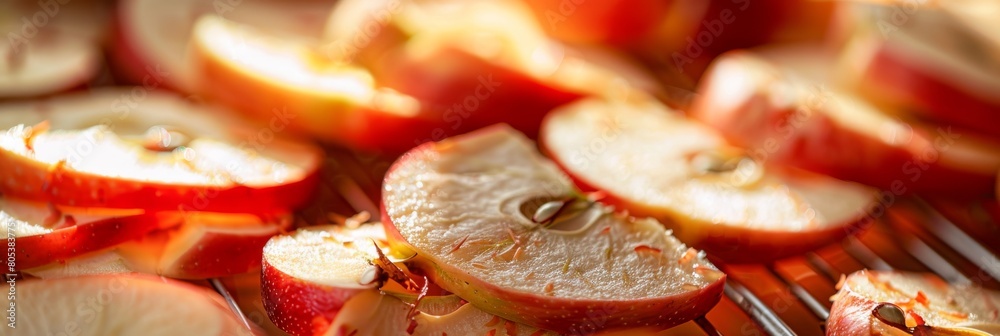 Drying apples, drying fruits, apple chips production. Sliced apples in ...