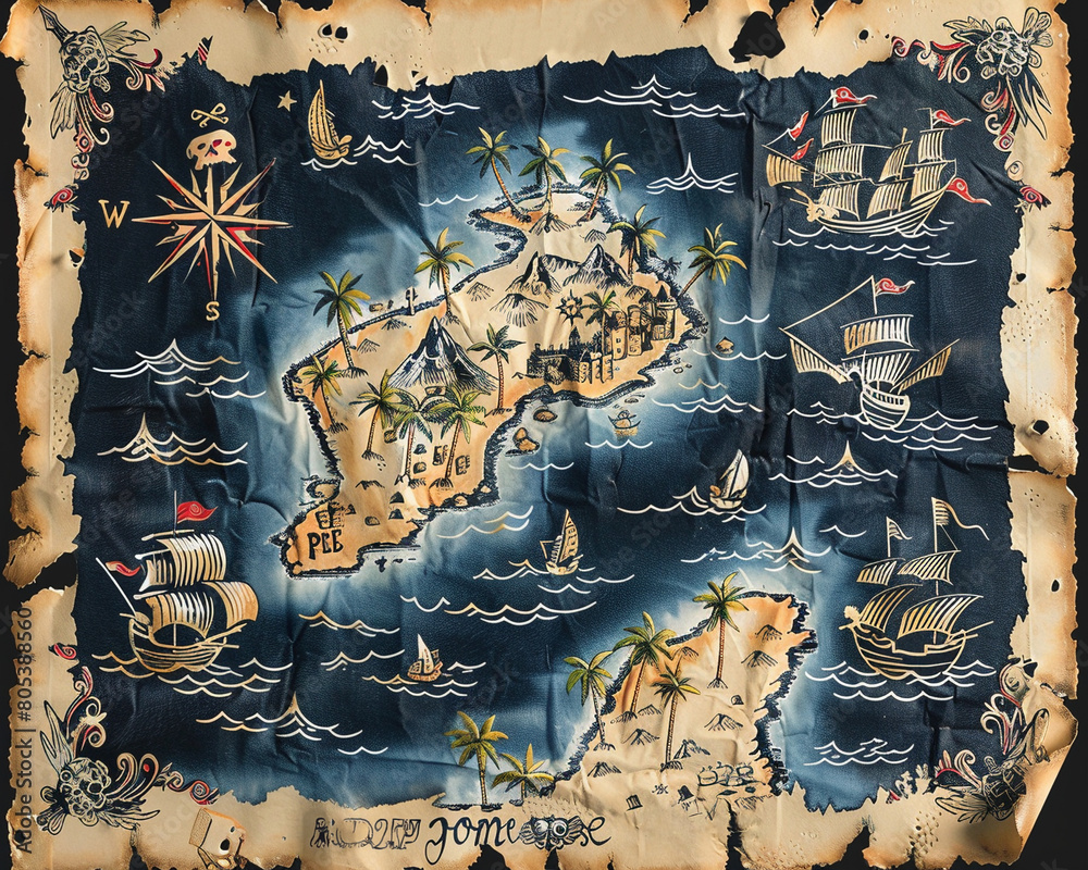 Vintage Pirate Treasure Map of the Caribbean with Ships Stock ...