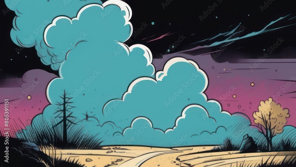 A serene comic-style illustration featuring puffy clouds in a starry ...