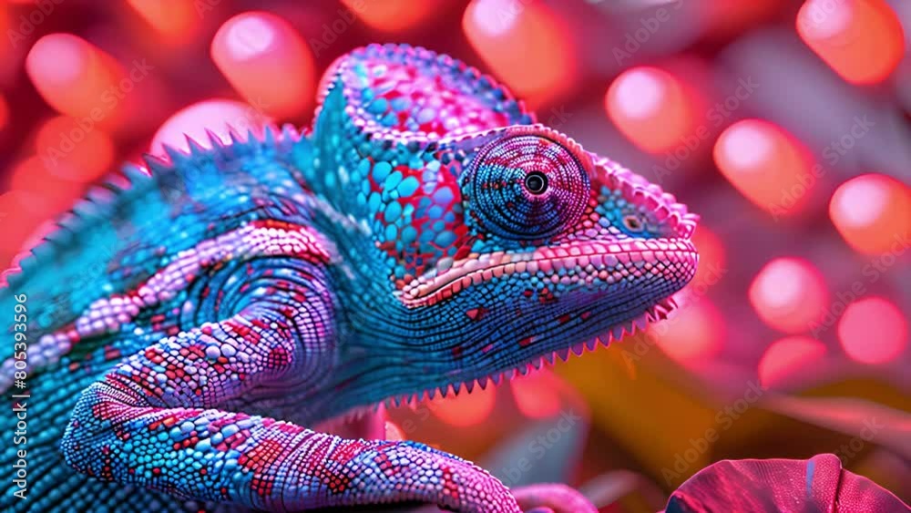 Beautiful bright chameleon in neon colors flickering lights in nature ...