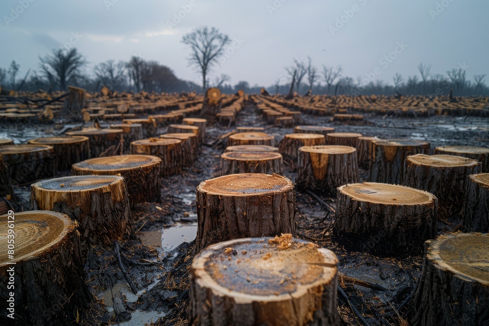 Grim twilight view of an extensive clear-cut field with tree stumps ...