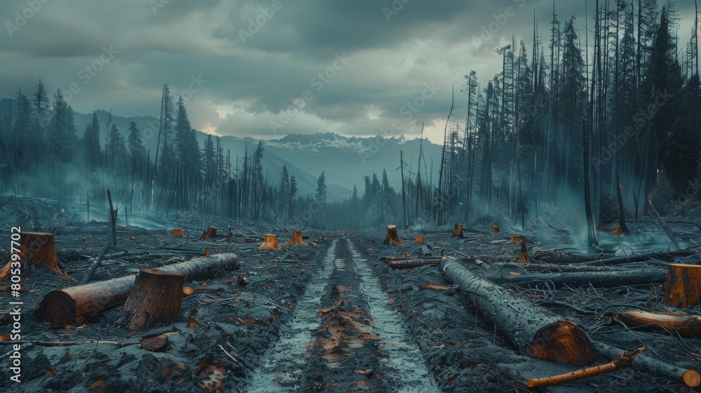 Gloomy aftermath of forest logging, mist rising among stumps and cut ...