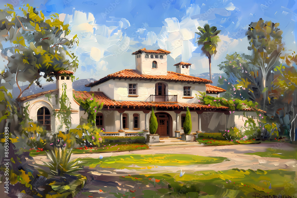 Spanish Colonial Revival Style House (Oil Painting) - Originated in the ...