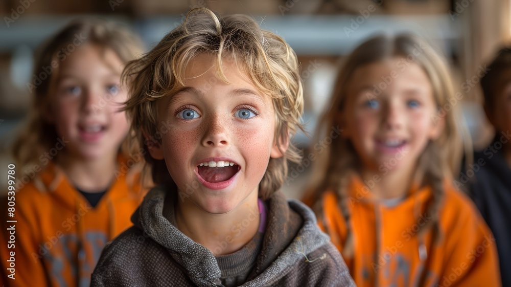 Kids participating in a spelling bee with excitement, Kids show ...