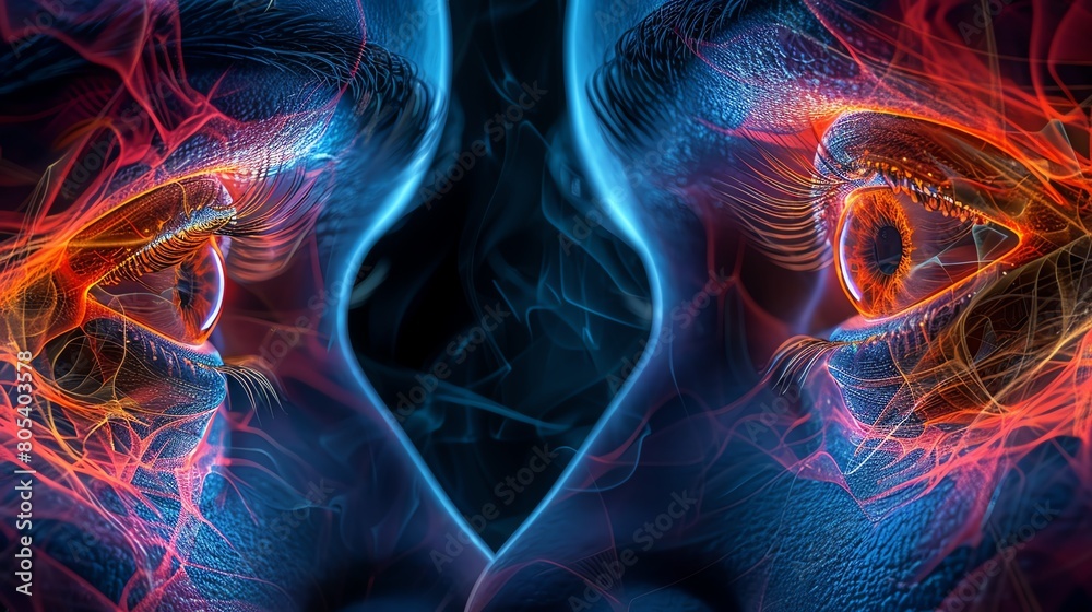 A 3D macro visual of a couple's eyes meeting, shown in x-ray view where ...