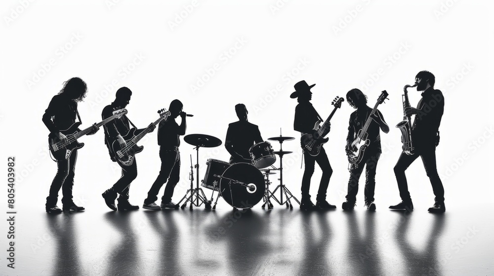 Black and white photo of a seven-person band with a drummer, a bassist ...