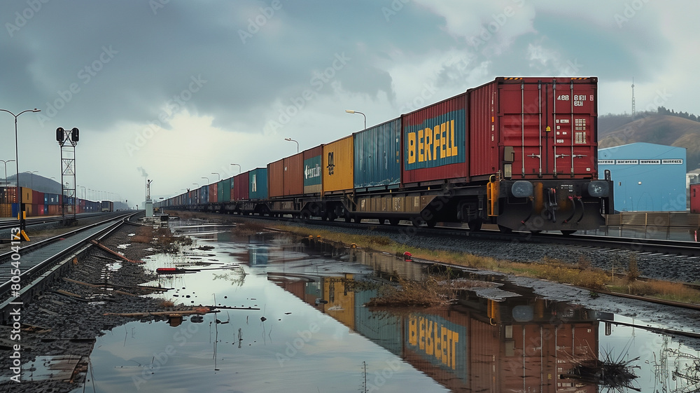 Freight train. Rear view of the last wagon of a freight train. Wagons with goods delivery ...