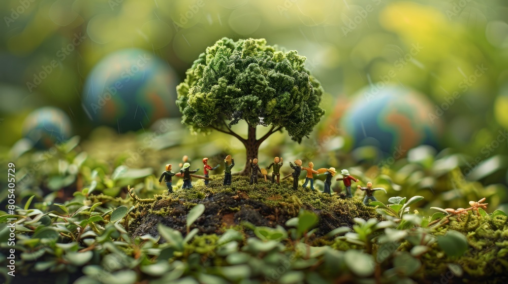 Small people holding hands around a tree with a glowing globe in the ...