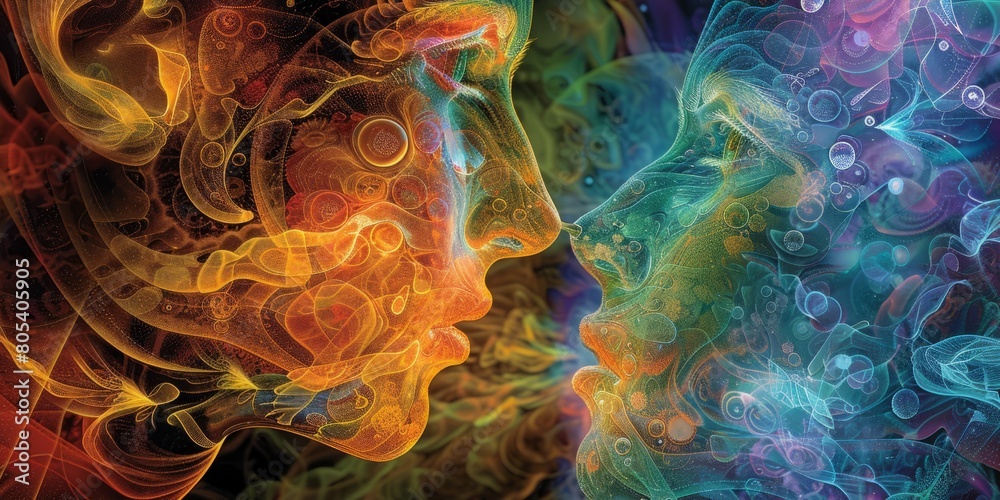 The image shows two human faces, one in red and orange hues and the ...