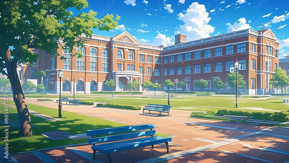 cartoon animated, university campus with blue benches and street lights ...