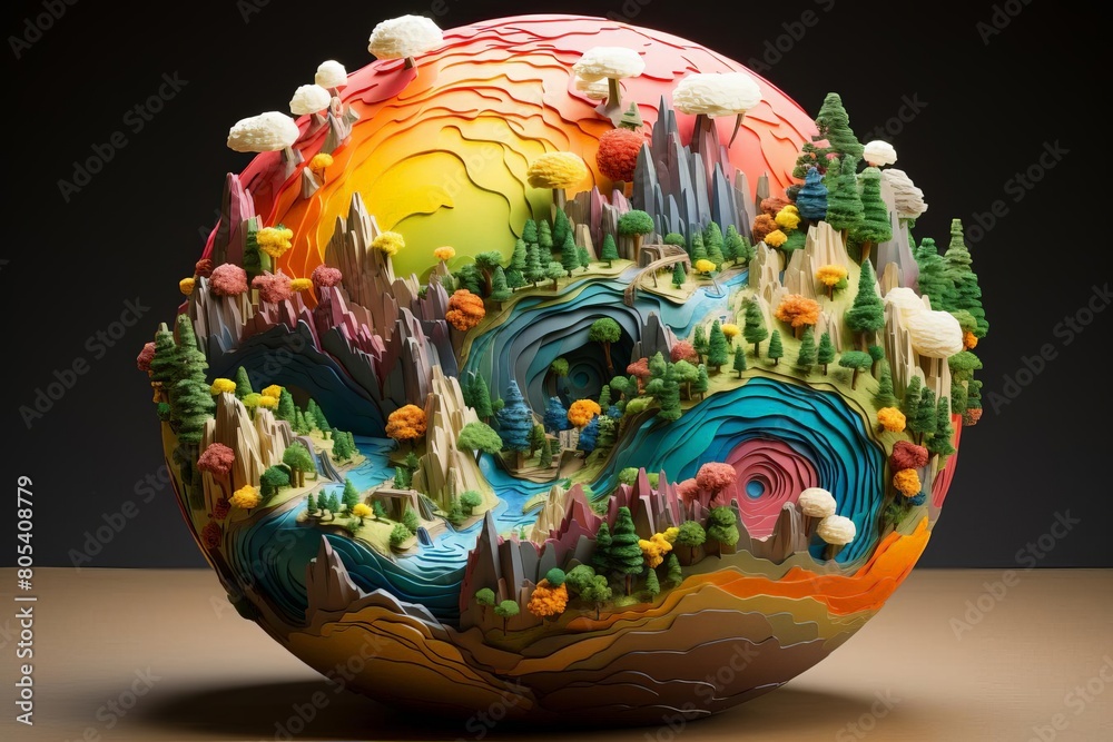 Handcrafted colorful paper model of Earth with vivid patches ...