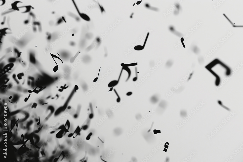 Capture blurred motion of falling black musical notes against a crisp ...