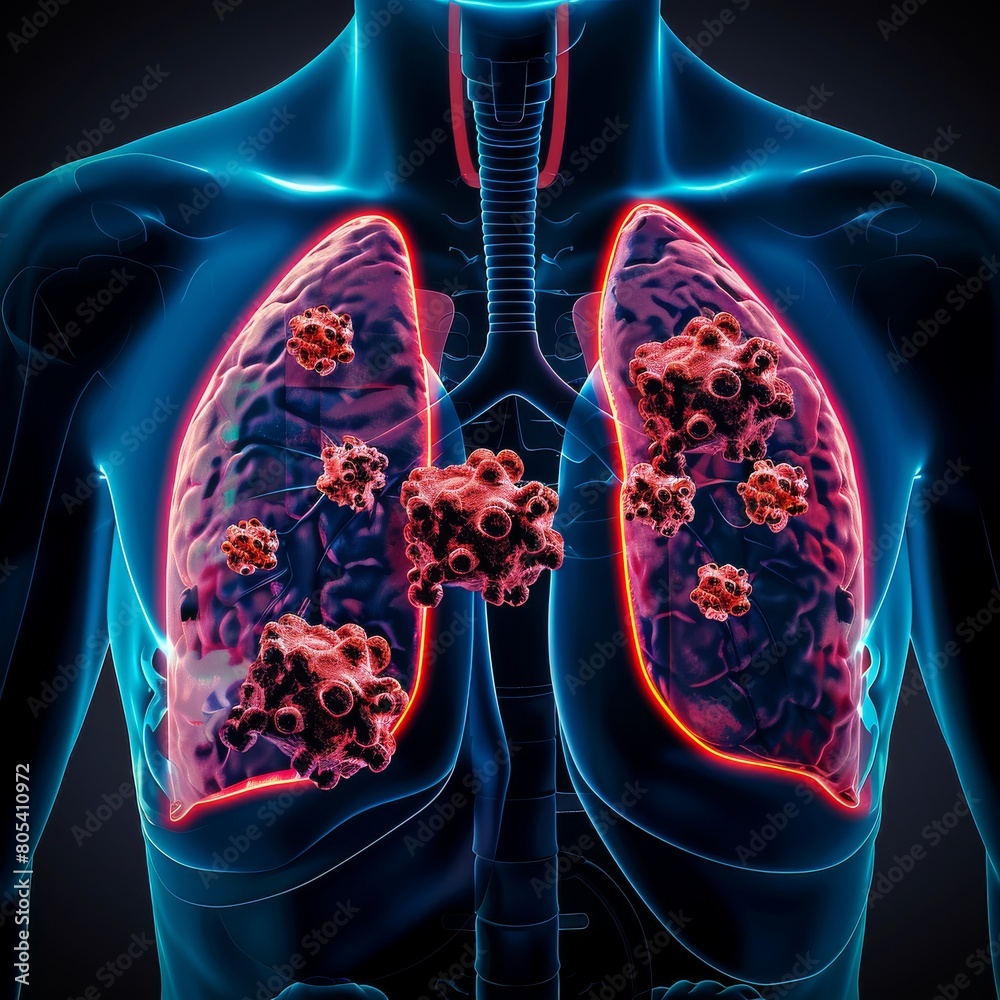 A human body with healthy lungs and sick lungs glowing in blue without ...