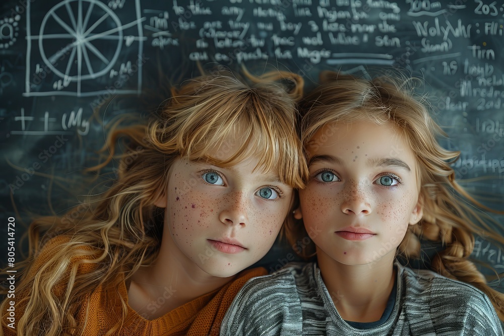 Intimate portrait of twin girls with striking blue eyes and freckles ...
