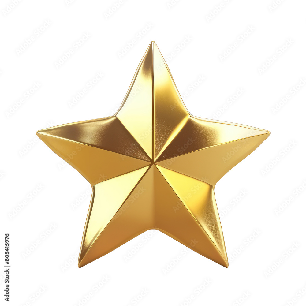 Golden five-pointed star icon 3D render isolated on white, transparent ...