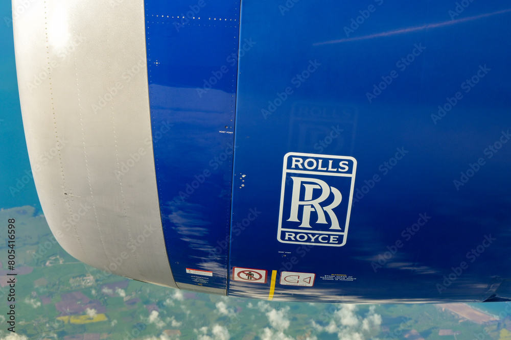 En route USA to London - 4 May 2024: Close up of the cowling of a Rolls ...
