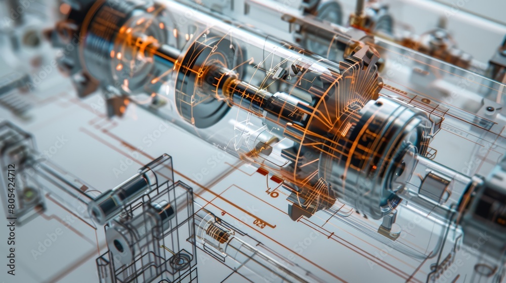 Engineering schematics with a transparent 3D engine model overlay, showcasing the complexity of ...