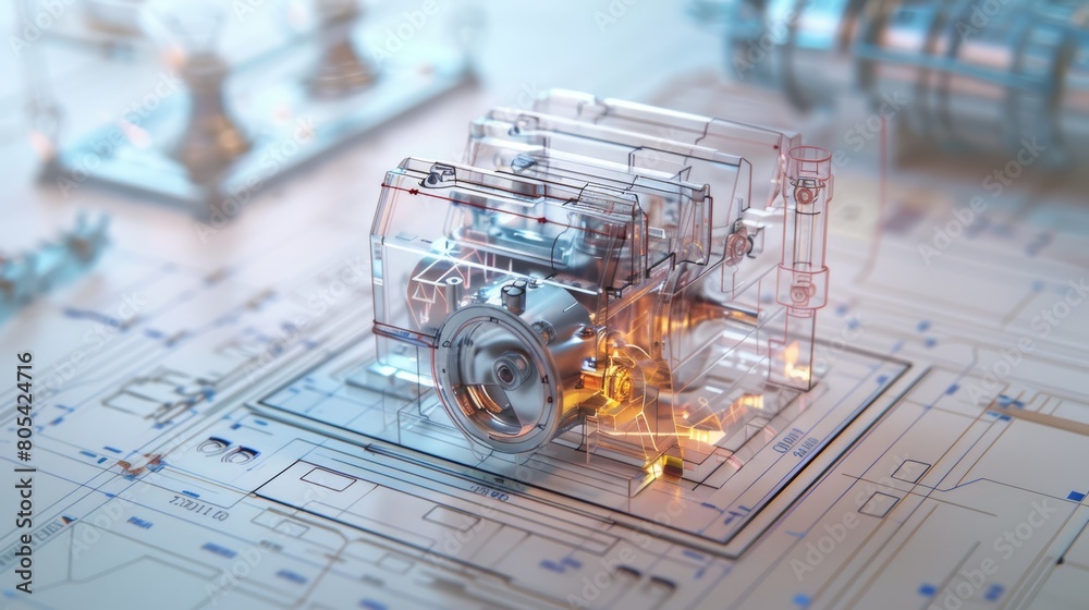 Engineering schematics with a transparent 3D engine model overlay, showcasing the complexity of ...