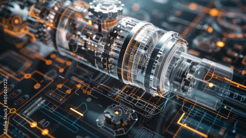 Engineering schematics with a transparent 3D engine model overlay, showcasing the complexity of ...