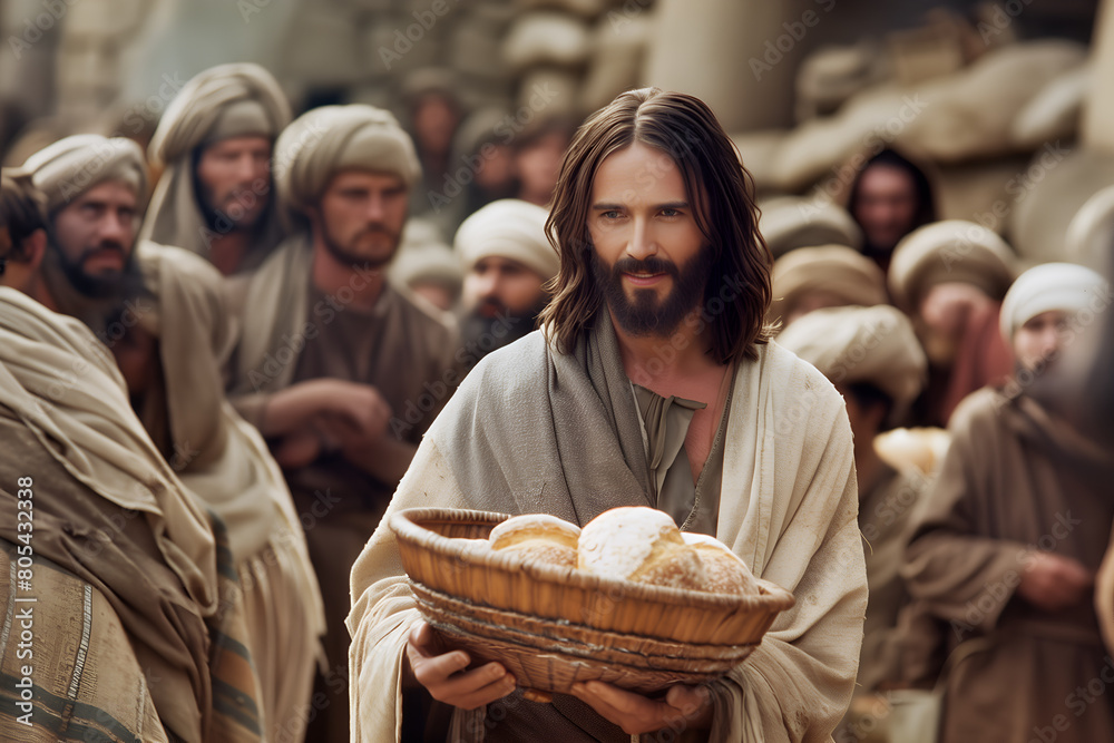 Jesus Christ feeding crowd of five thousand people with loaves Stock ...