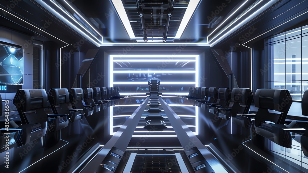 Design a sleek and futuristic boardroom interior. The room should have ...