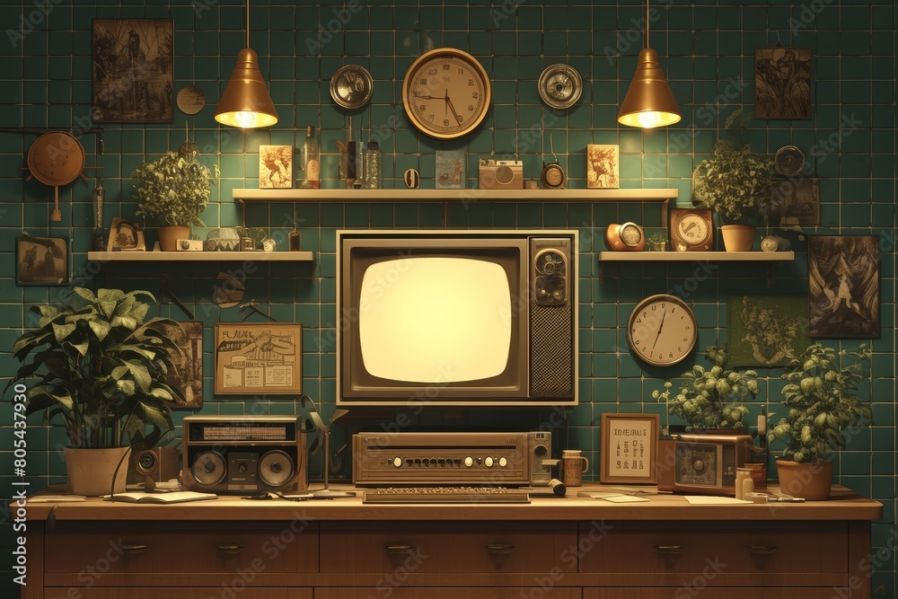 Vintage style television set in an old-fashioned living room with ...