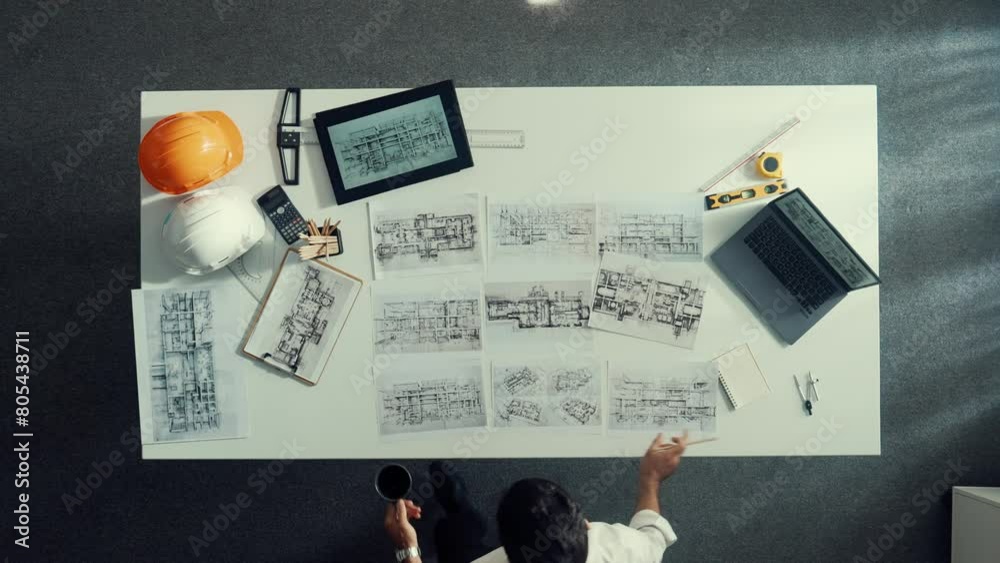 Top down aerial view of architect engineer placing building blueprint ...