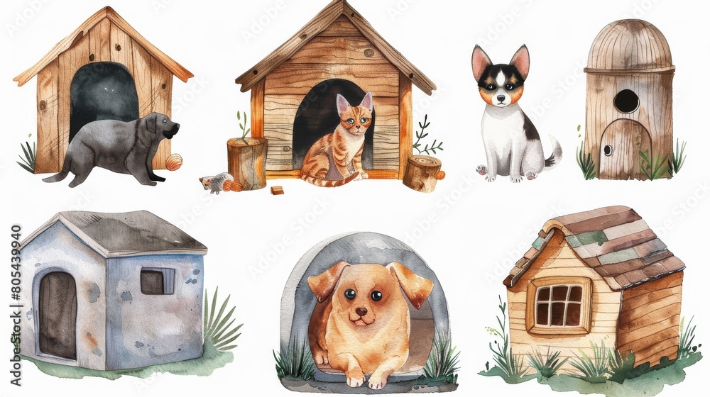 A set of cute cartoon watercolor pet houses. There are two doghouses ...