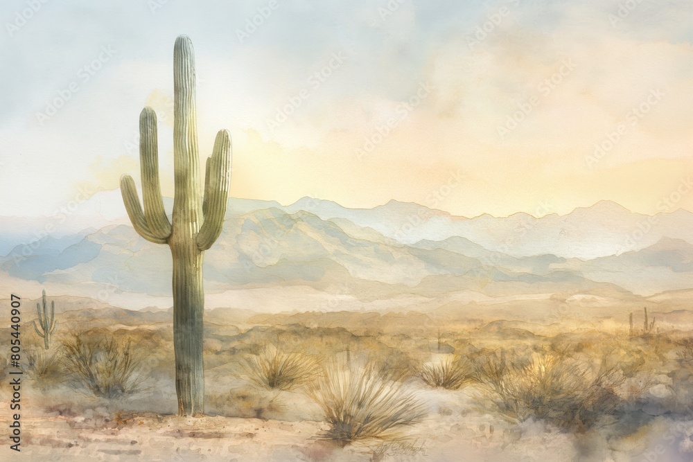 Watercolor scene featuring a sweeping view of desert with Saguaro cacti ...