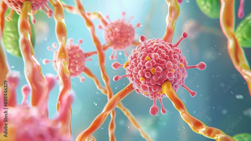 A detailed and vivid visualization of cancer cells spreading through ...