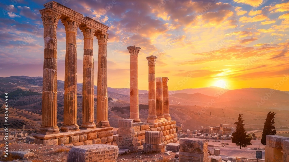 ancient columns of the old buildings of a Roman metropolis at sunset in ...