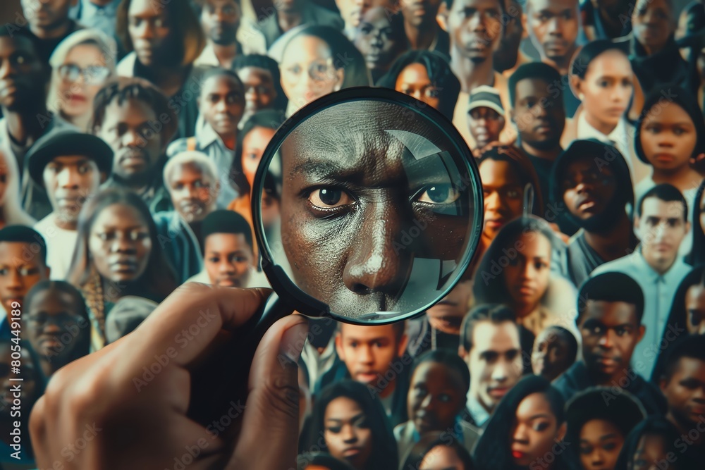 Male employer holding magnifier in hand finding unique talent african ...