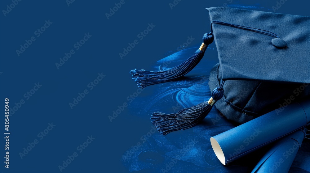 Sophisticated blue graduation cap and diploma setup, representing ...