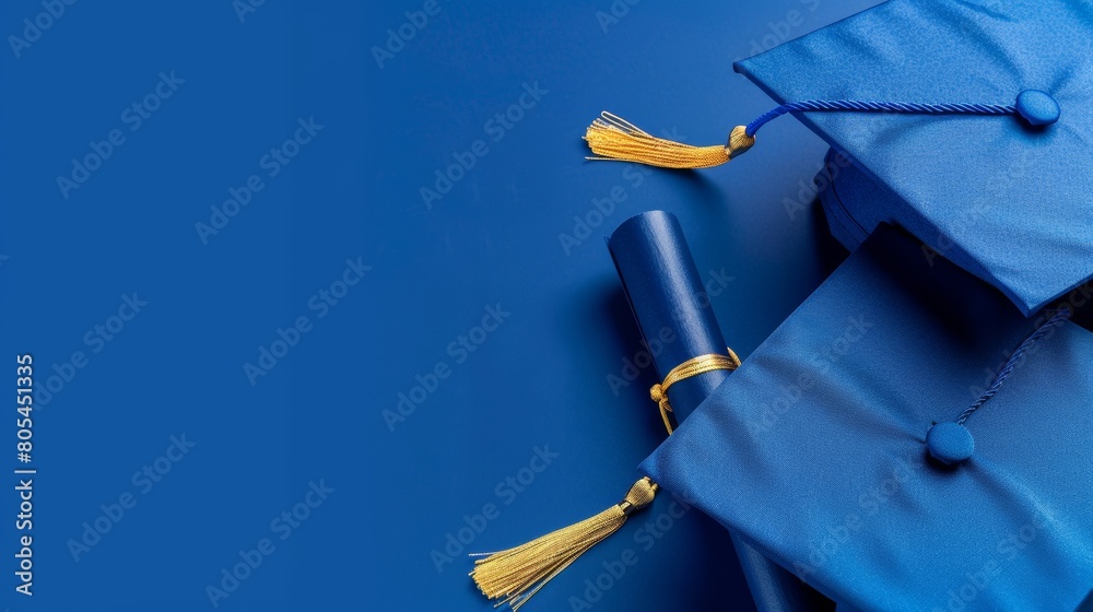 Sophisticated blue graduation cap and diploma setup, representing ...