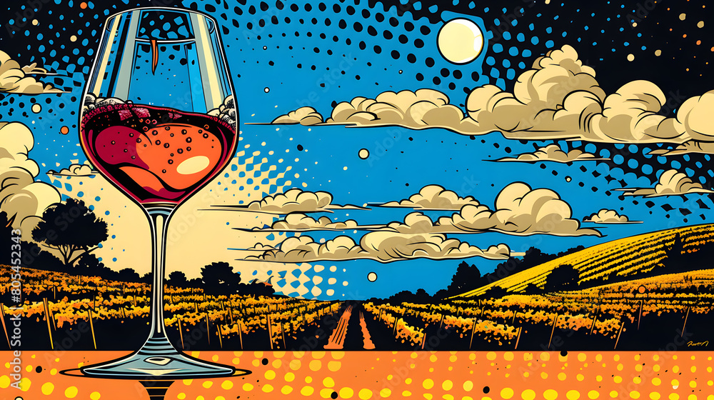 Vibrant pop art illustration featuring a large wine glass superimposed ...