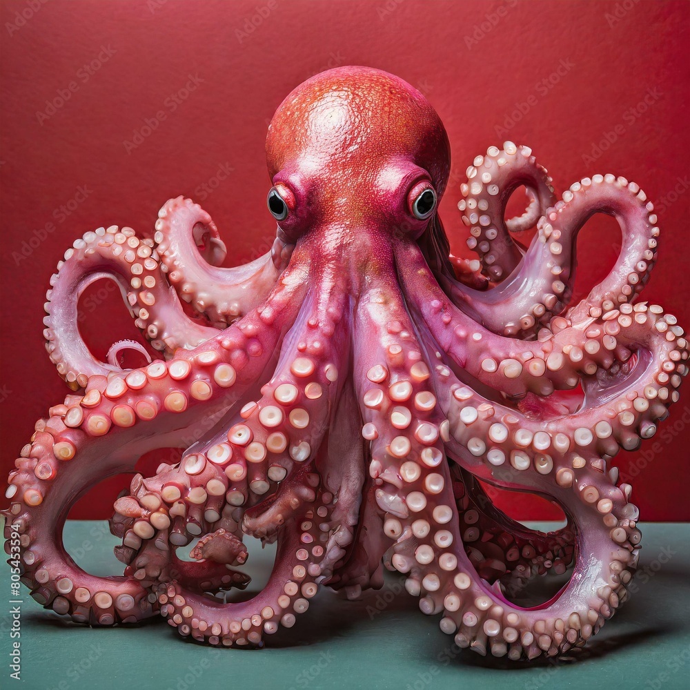 octopus.a pink octopus against a bold red studio background. The ...