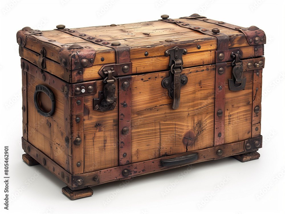 Grand coffre antique en bois avec des charnières en fer forgé et un ...
