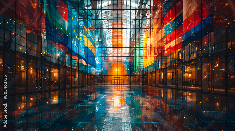 Stunning image of a modern glass atrium, adorned with vibrant ...