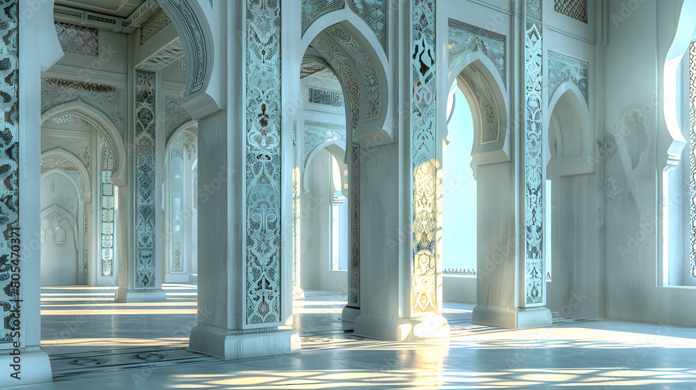 Islamic arches and pillars interior design, empty white walls with ...