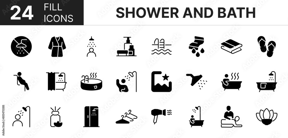 Collection of 24 Shower and bath fill icons featuring editable strokes ...